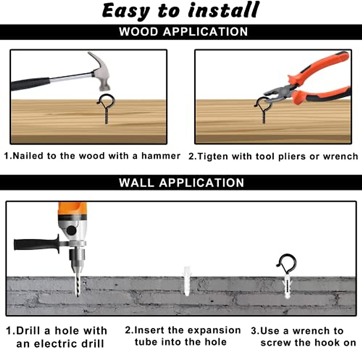 Ansxiy 10 PCS 3 inches Q-Hanger Hooks with Safety Buckle, Screw Hooks for Outdoor String Lights, Ceiling Hooks for Hanging Plants, Black