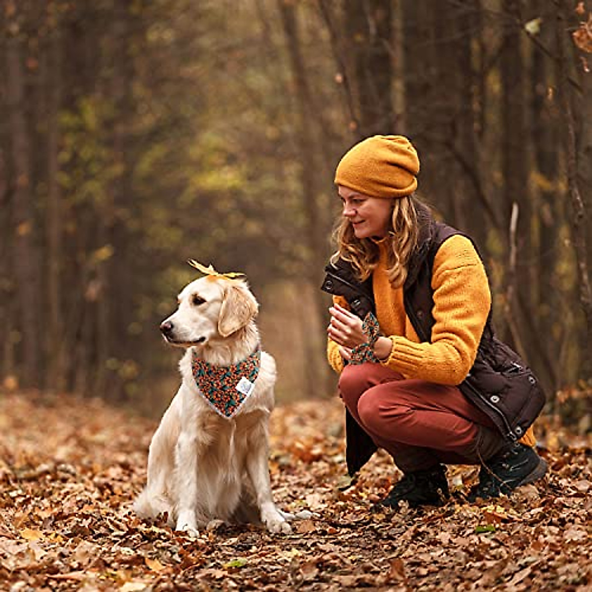 E-Clover Fall Dog Bandana & Matching Scrunchie Set Floral Dog Scarf Bibs with Bow Hair Tie for Small Dogs Puppy Owner Orange Green Gift