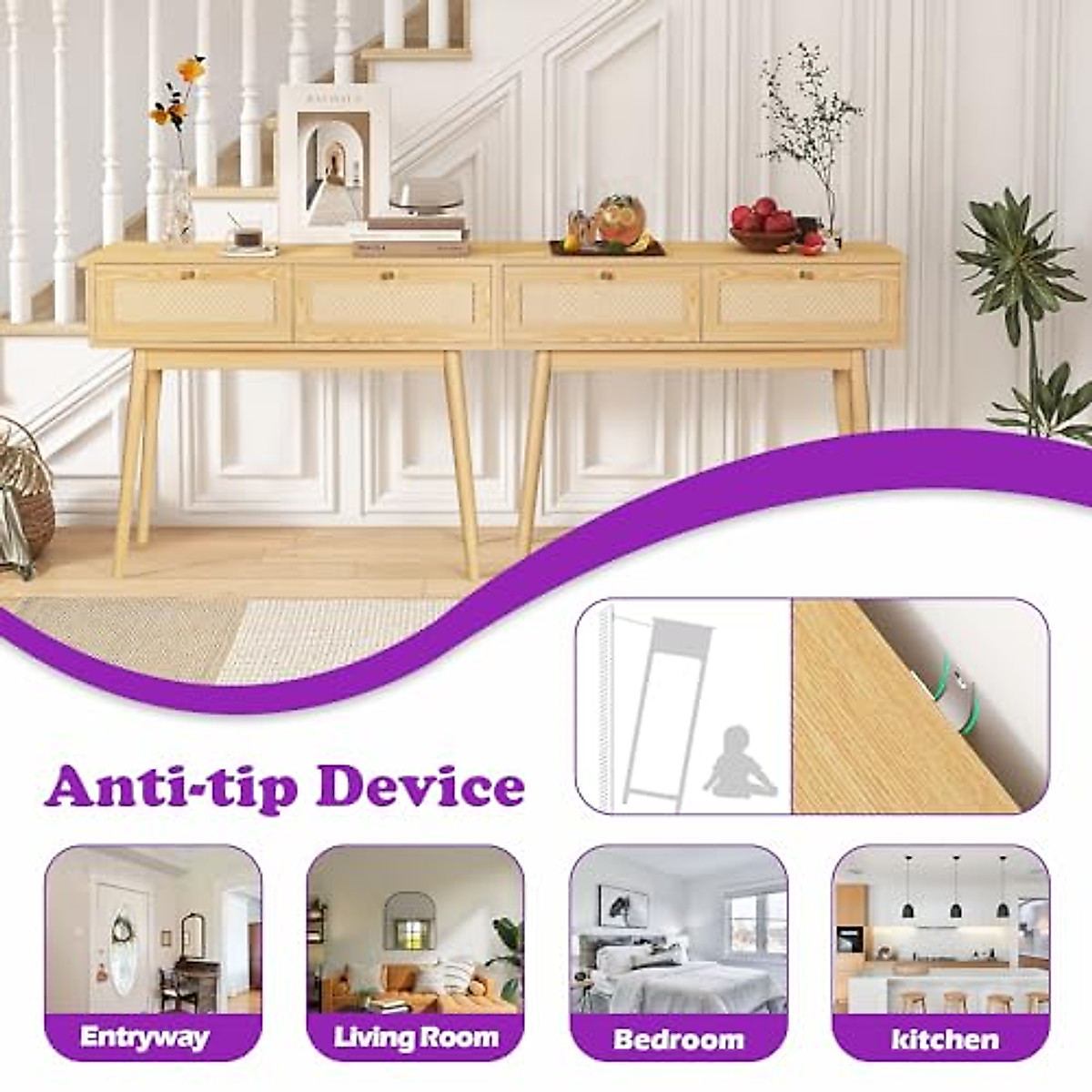 TYBOATLE Kraft Woven Rattan Console Table with 2 Drawers, Narrow Wood Entry Way Table, Modern & Boho Accent Sofa Bar Table for Entryway, Foyer, Front Hall, Hallway, Living Room (Natural Ash)