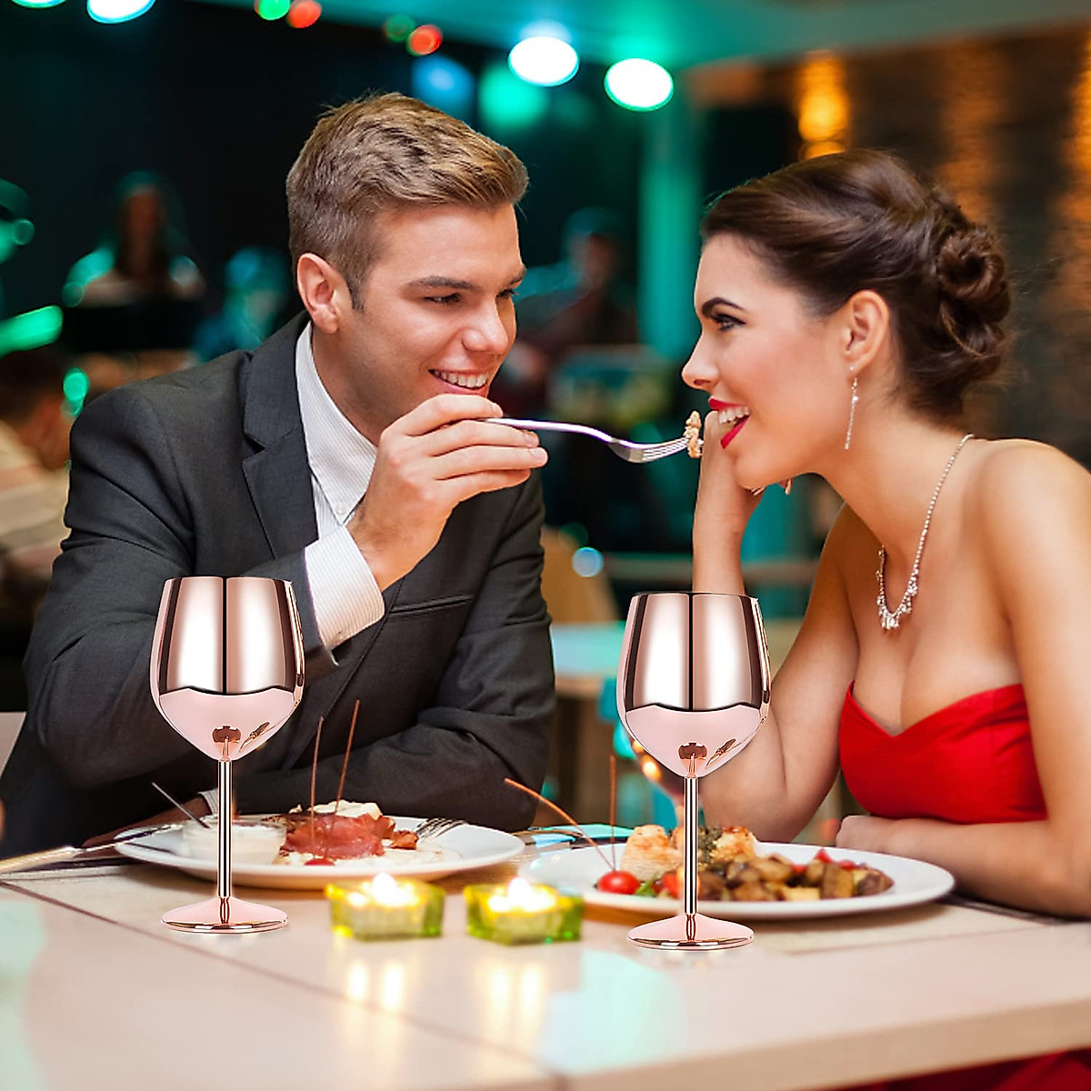 FOOLS ALIBAI Stainless Steel Unbreakable Stemmed Wine Glasses, Steel Wine Goblets Set of 2, 17 oz Wine Goblets Red White Wine Shatterproof BPA Free Great for Outdoor Events, Picnic (ROSE GOLD-1)