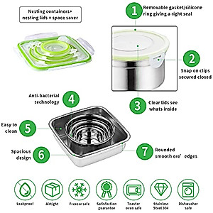 JUANALINE Stainless Steel Food Containers/Bento Lunch Box/Food Storage-Set of 4, 120ML,300ML, 600ML and 1.2L, Leakproof, BPA Free, Portion Control, LT. Green
