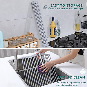 Josoft Over The Sink Dish Drying Rack, Roll up Sink Dish Drainer Rack Multipurpose Foldable Kitchen Stainless Steel Dish Rack Sink Drying Rack 20.6"x14.0"……