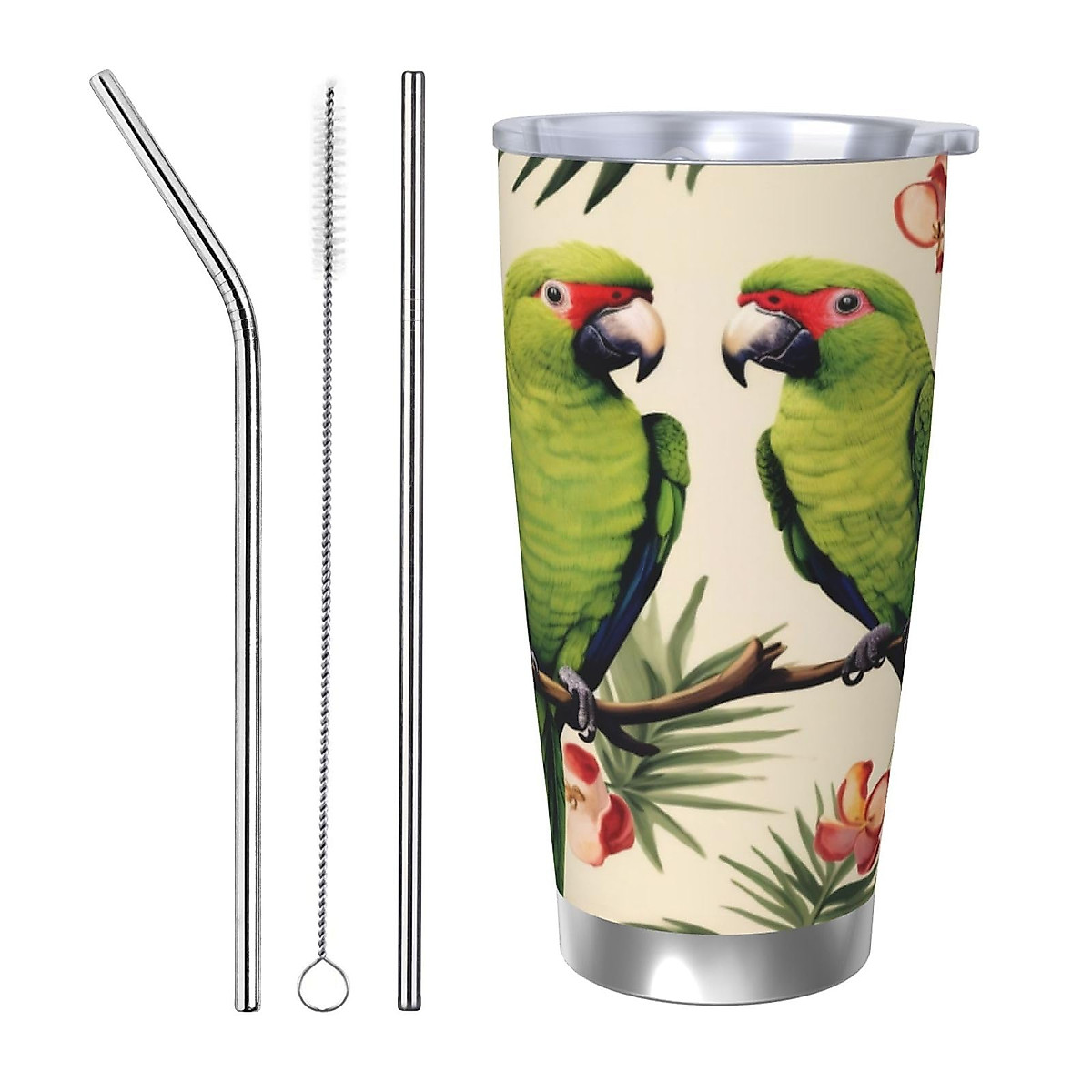 EKPRAVDKTF Couple Parrots Olive 20oz Insulated Stainless Steel Tumbler With Lids And Straws, Double Wall Vacuum Travel Coffee Mug, Thermal Cup For Cold & Hot Drinks, Reusable Metal Straw & Brush