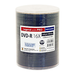 100 Pack Professional DVD-R Legend with Pro Taiyo Yuden TY Technology 16X 4.7GB 120Min (MID TYG03) White Inkjet Hub Printable Blank Recordable Disc