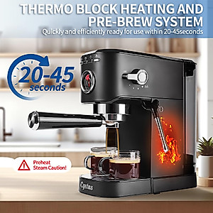 CYETUS Espresso Machine 20 Bar with Milk Frother Steam Wand, Compact Small Coffee Machine for Home, Pressure Gauge, Barista Espresso Maker Latte Cappuccino, Stainless Steel, Black