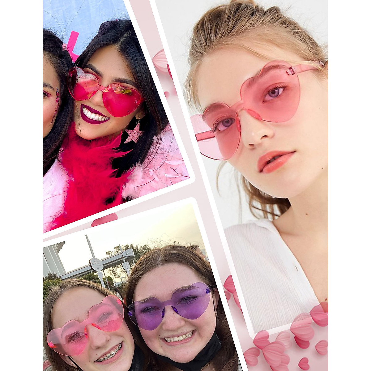 MIUSKATL 18 Pairs Heart Sunglasses, Rimless Heart Shaped Sunglasses Pack, Bulk Heart Sunglasses for Women, Colored Party glasses (Pink)