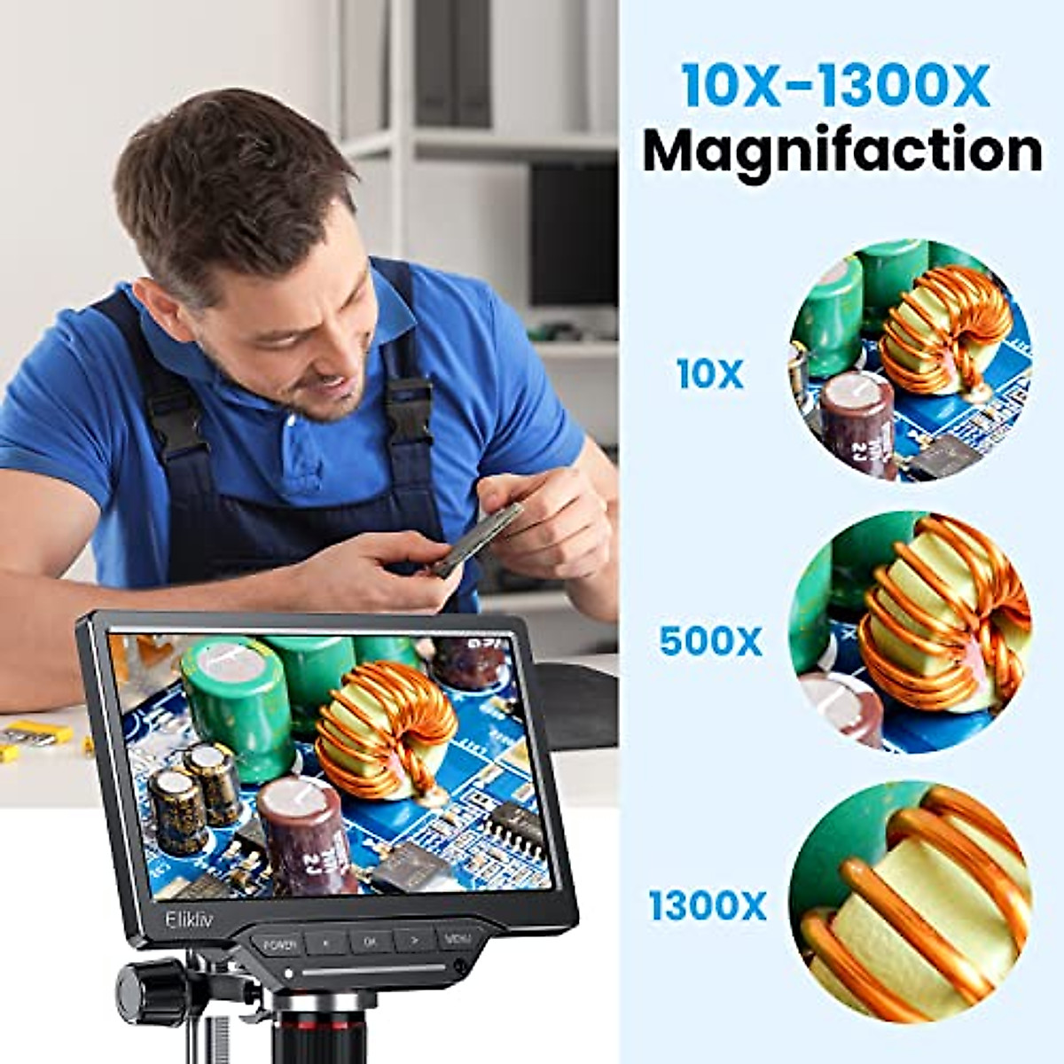 Elikliv EDM201 Pro HDMI Digital Microscope with 10 Inch Stand - 1300X Coin Microscope with Screen, 16MP Resolution, 7" IPS Display, 10 LEDs, TV/Windows/Mac Compatible