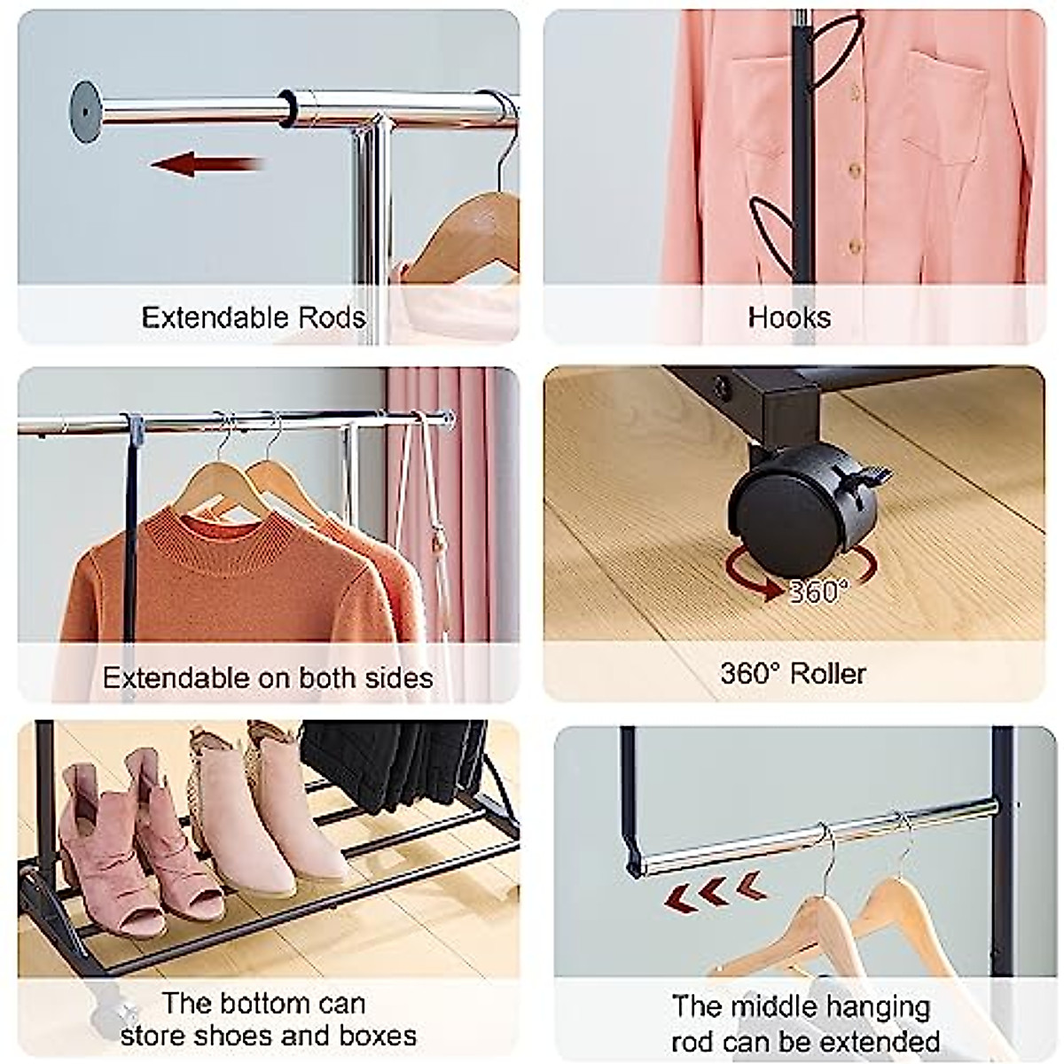 Tajsoon Clothes Rack,Heavy Duty Double Rods Clothes Hanging Rack,Commercial Clothing Storage Display,Adjustable Standard Rolling Garment Rack With Wheels,Clothing Rack,Chrome