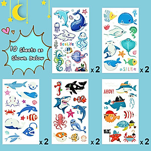 Partywind 130 Styles Luminous Shark Temporary Tattoos for Kids, Glow Shark Birthday Decorations Party Favors Supplies for Boys and Girls, Ocean Under Sea Fake Tattoo Stickers Gifts (10 Sheets)
