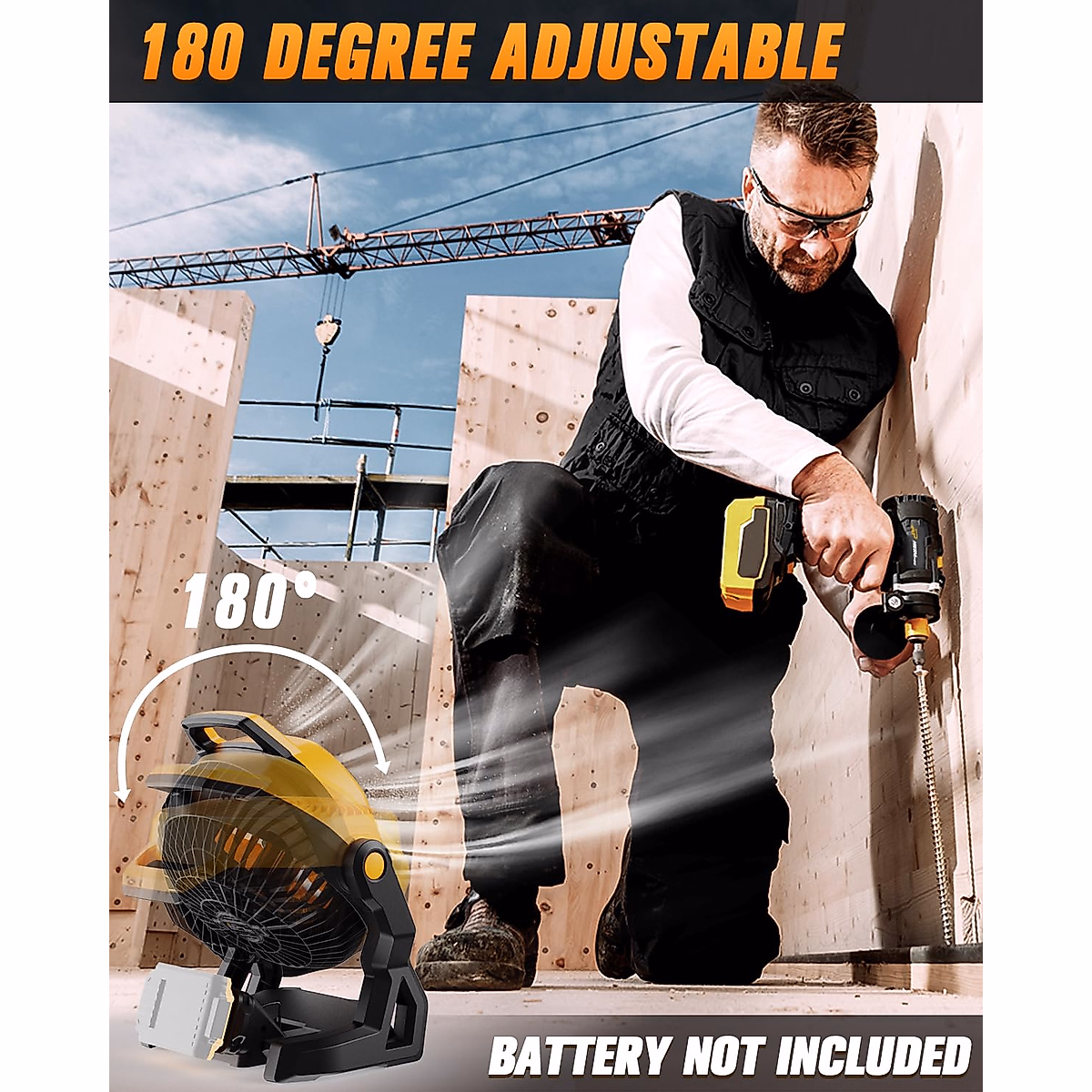 HEINPRO Battery Operated Fan for Dewalt 20V Max Battery with AC Adapter, Up to 650 CFM Portable Fan, Variable Speed Battery Powered Fan Low Noise 30dB Cordless Fan, Jobsite Camping Fan (Only Tool)