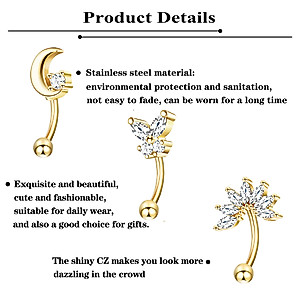 Ubjuliwa 12pcs 16G Rook Piercing Jewelry Eyebrow Rings Stainless Steel Belly Lip Ring Cartilage Hoop Rook Daith Earrings Tragus CZ Body Piercing Curved Barbell