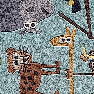 Momeni Rugs Lil' Mo Whimsy Collection, Kids Themed Hand Carved & Tufted Area Rug, 3' x 5', Multicolor Jungle Animals on Blue