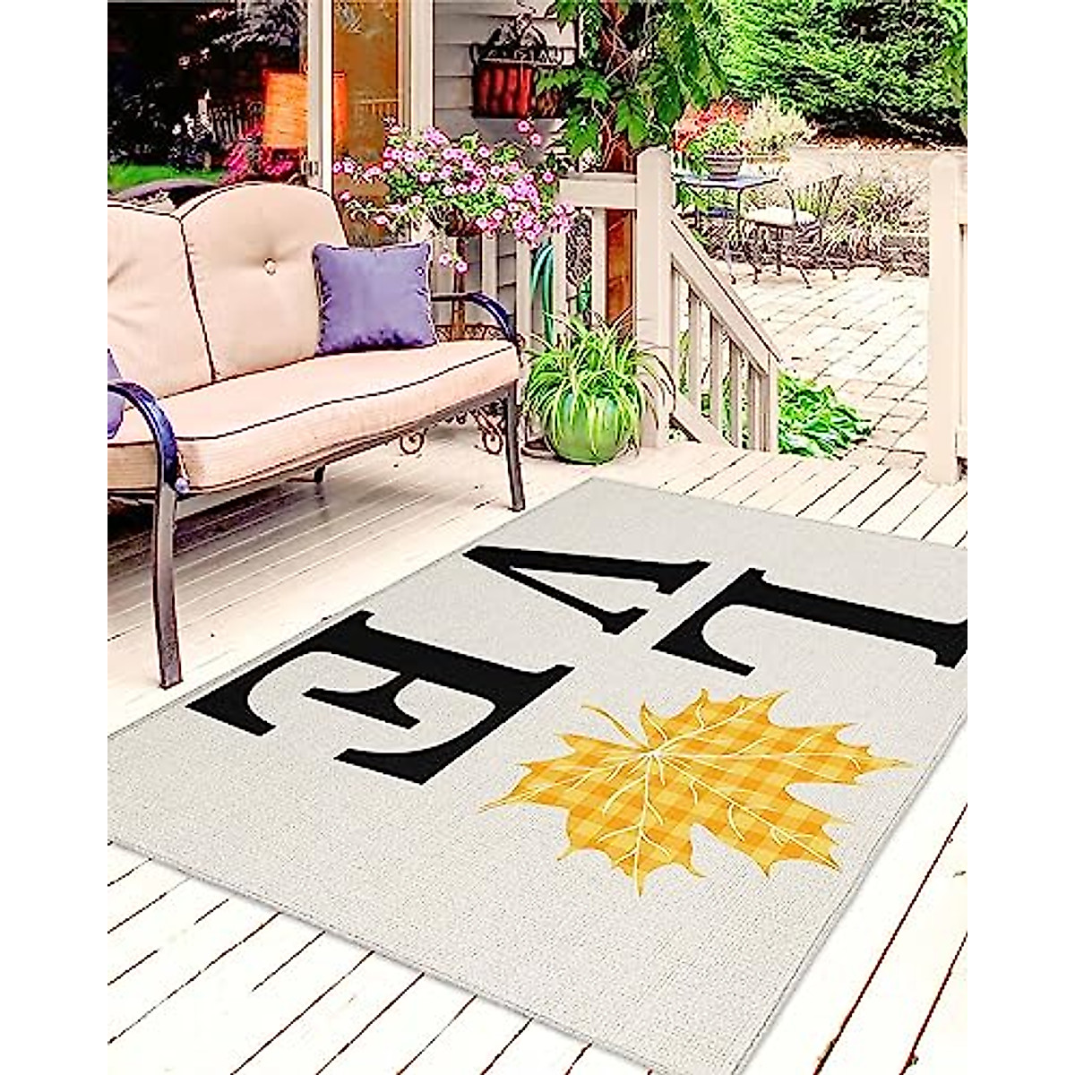 Outdoor Area Rug for Patio,Thanksgiving Orange Fall Maple Leaf Plaid Camping Rugs Indoor Large Floor Mat 4x6ft,Farm Love Quote Line Outside Carpet for Deck RV Picnic Porch Backyard Bedroom