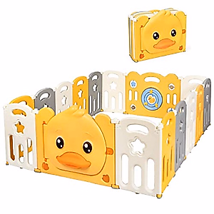 Costzon Baby Playpen, 16-Panel Portable Baby Play Yards with Yellow Duck Pattern, Door with Safety Lock, Indoor Outdoor Foldable Baby Fence with Non-Slip Rubber Bases & Rubber Suction Cups (16 Panel)