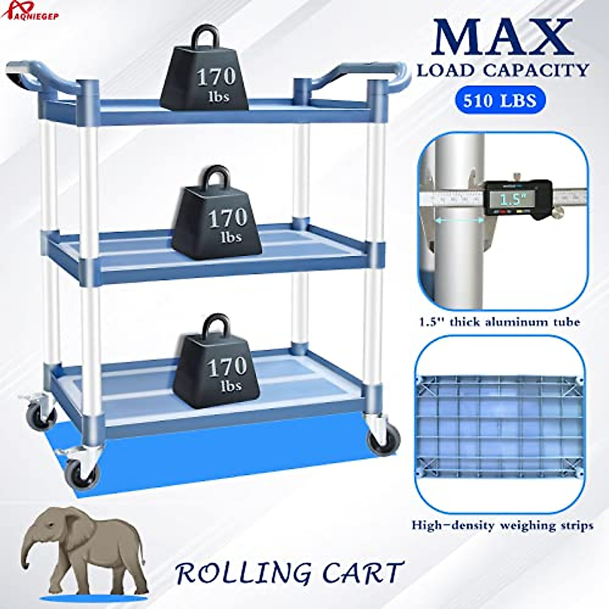 AQNIEGEP Utility Carts with Wheels Food Office Restaurant Rolling Cart 510lbs Capacity, Lockable Wheels, Rubber Hammer 16.5" x 31.5" x 39.5"