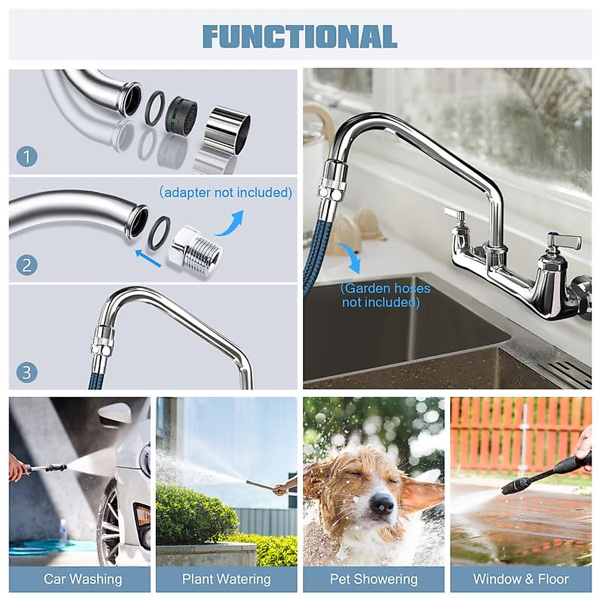 CWM Wall Mount Commercial Sink Faucet 8 Inches Commercial Faucet with 14 Inches Spout