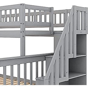 DNYN Stairway Twin-Over-Full Bunk Bed with Storage Shelves & Guardrail for Dorm, Kids Bedroom, Solid Pine Wood Bedframe, Space Saving Design & No Box Spring Needed, Grey