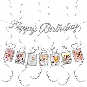 Concico Birthday decorations - Silver Happy Birthday Photo banner and Hanging Swirls of Birthday party decor(Silver)