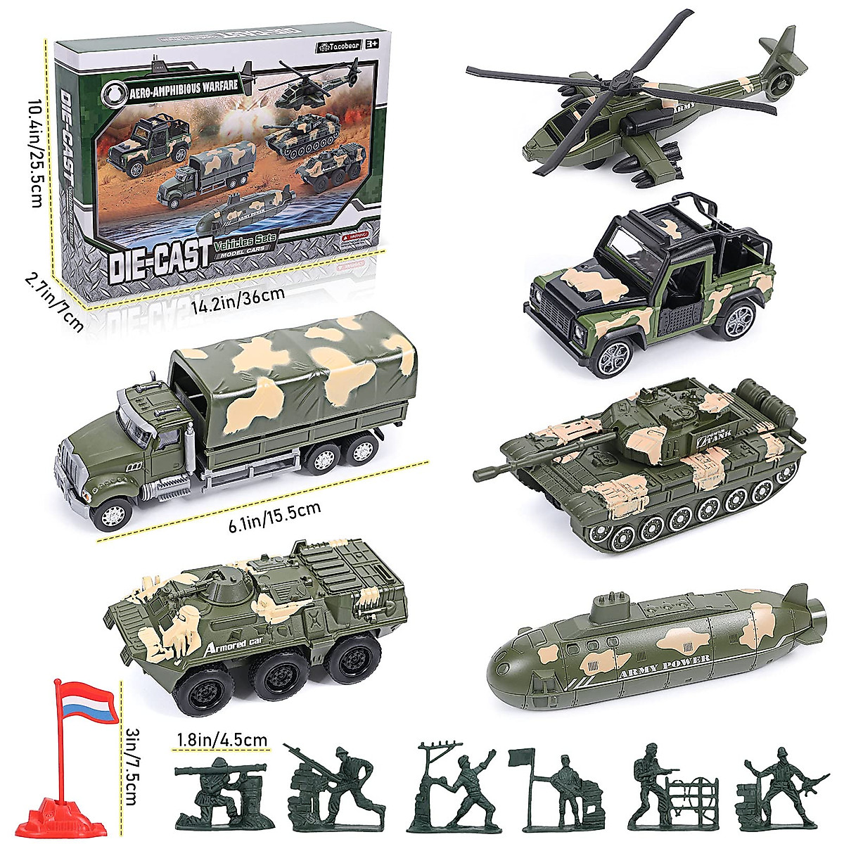 Die-cast Military Vehicles Toy Set, 6 Pack Alloy Army Toys Playset with Army Men Action Figures, Tank, Panzer, Helicopter, Truck, Submarine for Kids Boys Toddlers