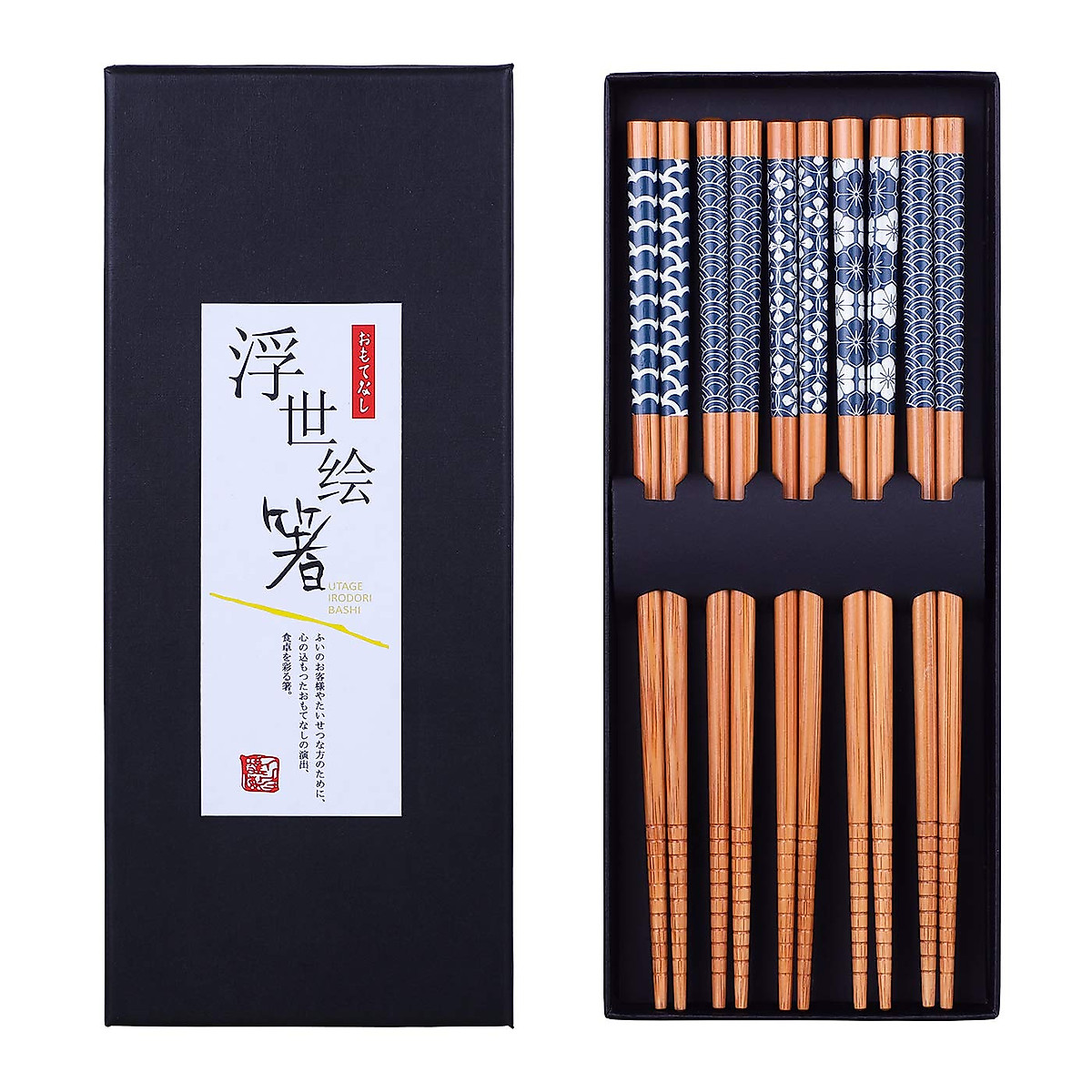 Antner 5 Pairs Natural Bamboo Chopsticks Reusable Classic Japanese Style Chop Sticks Gift Sets, Dishwasher Safe, 8.8 Inch/22.5cm