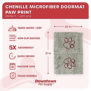 My Doggy Place Microfiber Dog Mat for Muddy Paws, 31" x 20" Light Gray with Paw Print - Absorbent and Quick-Drying Dog Paw Cleaning Mat, Washer and Dryer Safe - Non-Slip Rubber Backed Pet Mat, Medium