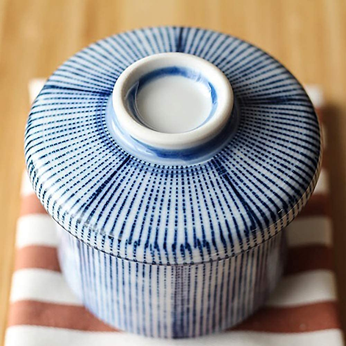 IPPINKA Japanese Porcelain Chawanmushi Cup with Lid, Seto-mono, Made in Japan, 105cc, Blue Hakeme Stripe