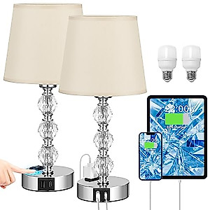 Acaxin Bedside Lamps for Bedrooms Set of 2 Nightstand- Crystal Table Lamps with USB C+A Ports & AC Outlet for Charging, 3 Way Dimmable Touch Silver Small Bed Side Lamp for Living Room/Guest Room