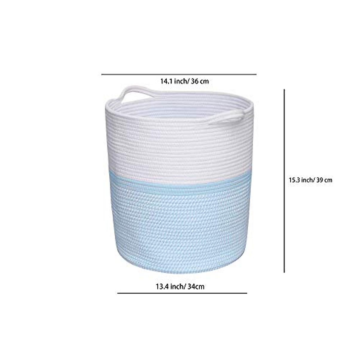 M Size Blue White Laundry Basket with Handles Toy Basket Clothes Hamper Home Decor Basket Towel Storage Woven Blanket Basket Cotton Rope Decorative Blanket Basket,Environmental Protection Material