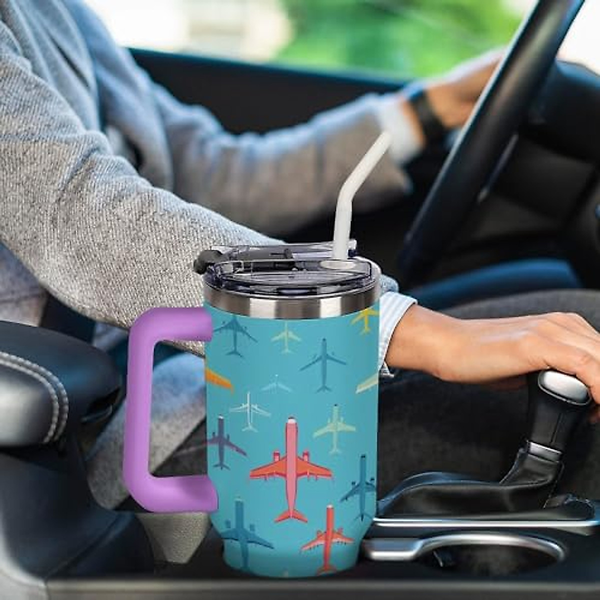 Colorful Airplanes Insulated Tumbler with Lid And Straw Stainless Steel Travel Coffee Mug 40oz Violet-style