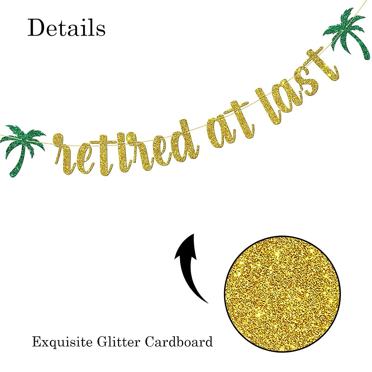 Belrew Retired at Last Banner, Free at Last Sign Banner, Retirement Party Decoration Bunting Supplies, Glittery Gold