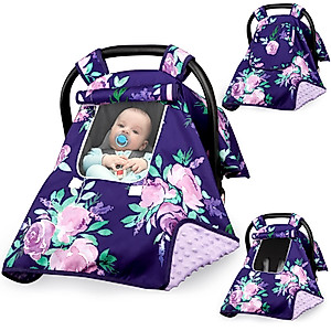 Baby Carseat Seat Cover Girls, Winter Carseat Canopy, Cozy & Warm Cover with Zipper Peep Windows, Infant Minky Carrier Cover, Soft Breathable, Baby Must Have, Purple Stuff