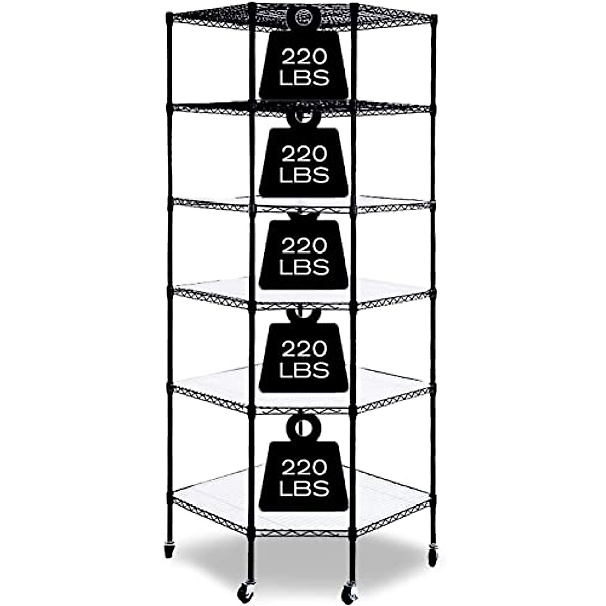 Aybihous3 6 Tiers Corner Shelf Adjustable Metal Storage Wire Shelving Unit Heavy Duty Commercial Rack Free Standing Rack Metal Display On Wheels for Garage Living Room Kitchen Industrial NSF Black