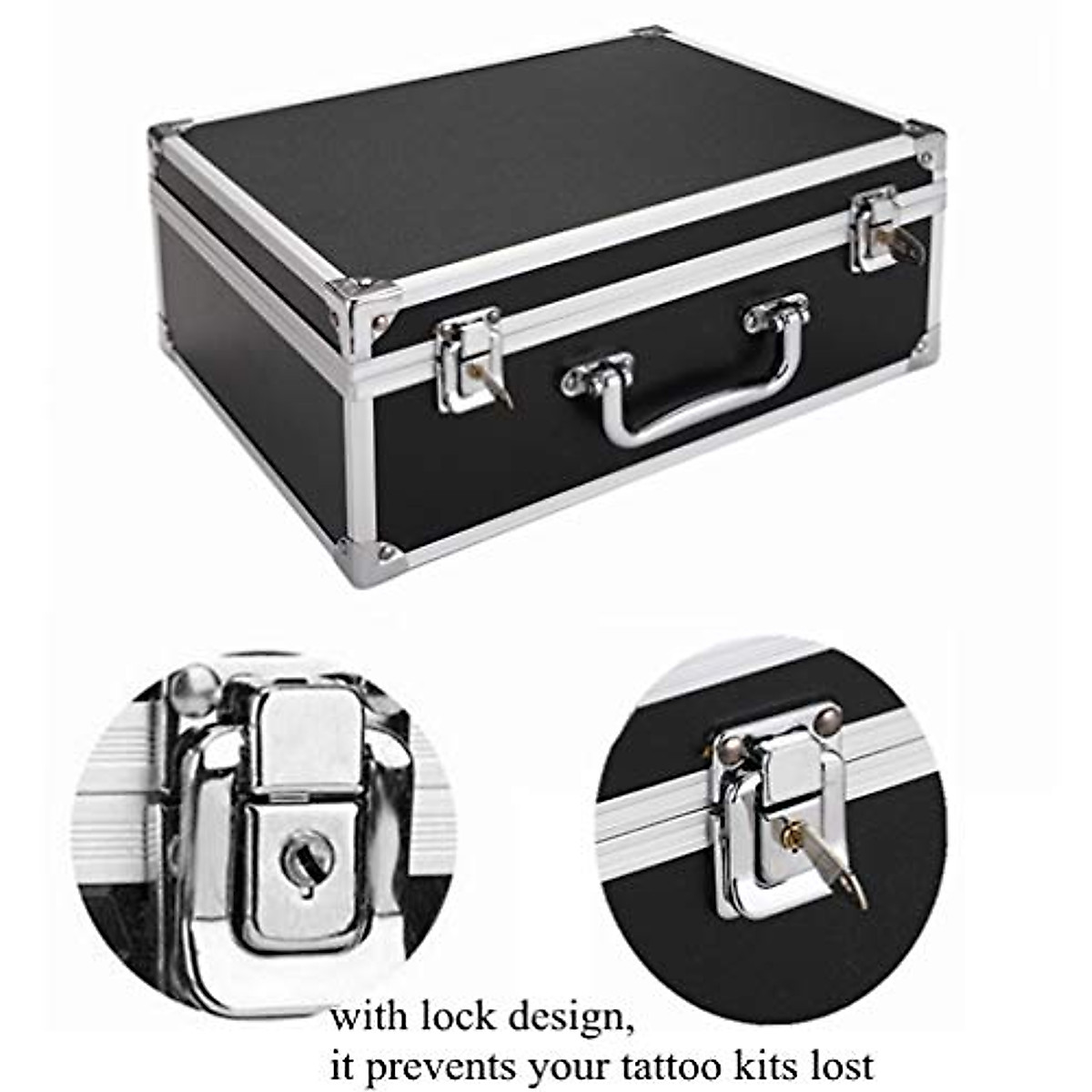 Tattoo Kit Box Case,Tattoo Case Organizer 12.6" x 9.5" x 5.1" W/Lock Tattoo Machine Carrying Case,Aluminum Alloy with Sponge for Tattoo Machine Case (black)