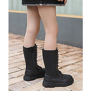 DADAWEN Boys Girls Leather Lace-Up Waterproof Side Zipper Mid Calf Combat Riding Winter Boots (Toddler/Little Kid/Big Kid) Black US Size 2 M Little Kid