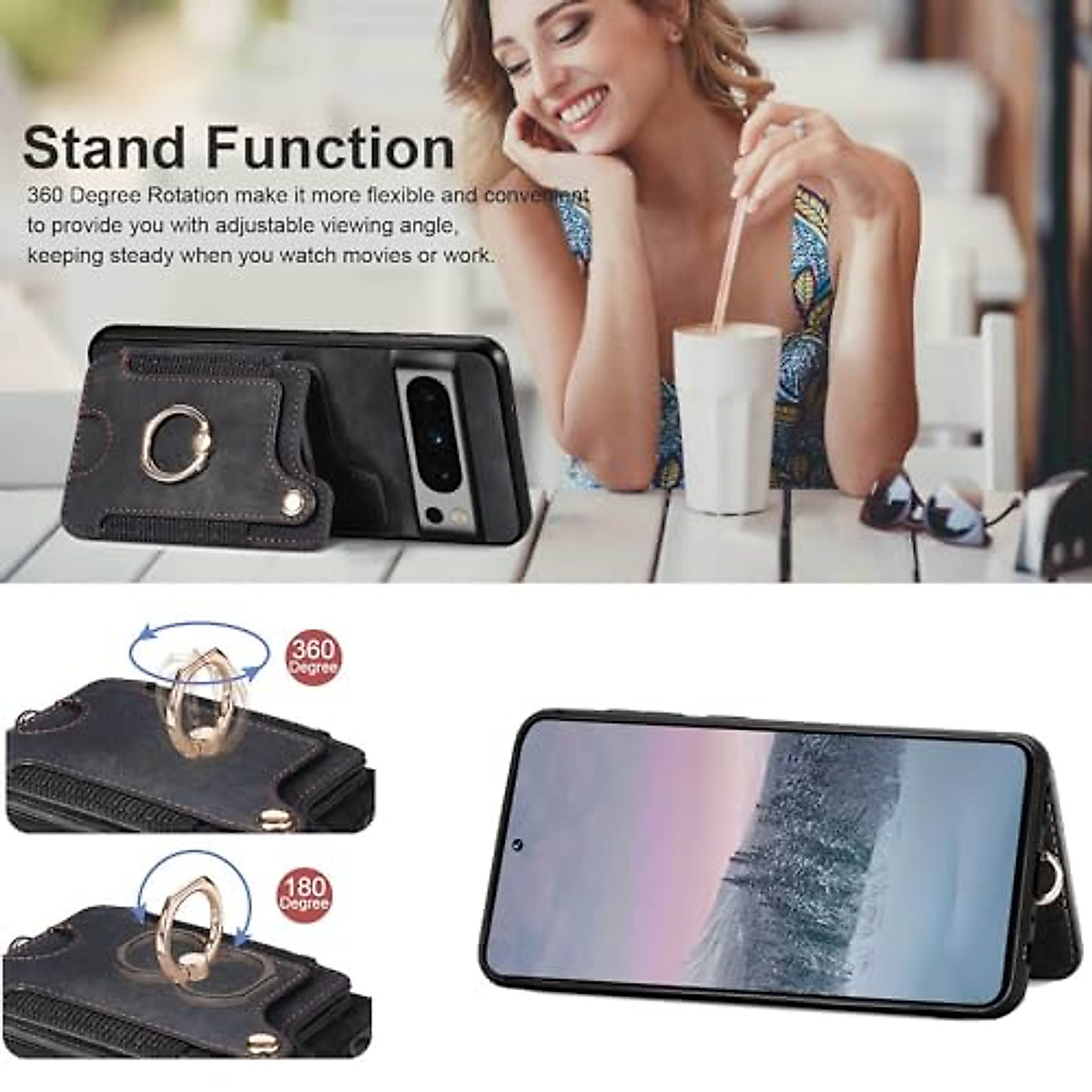 JanCalm Pixel 8 Pro Case, Flip Leather Wallet, RFID-Blocking, Ring Stand, Multiple Card Slots (Black, 6.7 Inches)