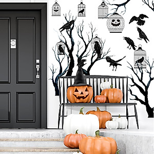 Seajan 4 Sheets Halloween Wall Decals Halloween Black Wall Stickers Black Tree Crow Cage Wall Decals Large Halloween Wall Decals Halloween Home Decor DIY Art for Wall Window Door (Birdcage, Crow)