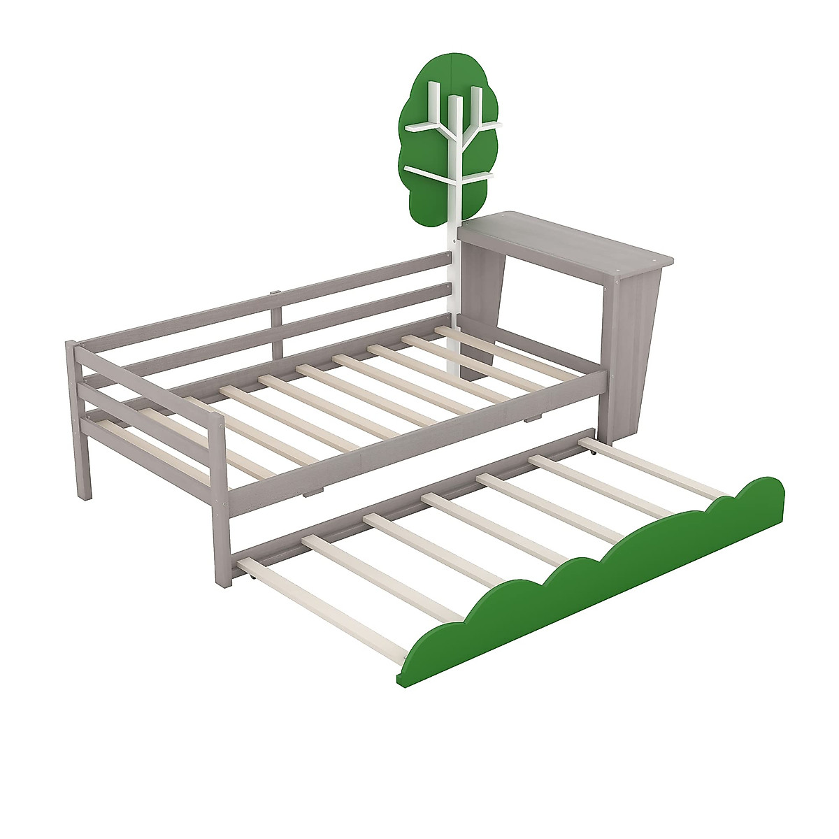 Lifeand Twin Size Wooden Daybed with Desk, Green Tree Shape Shelves and Trundle, Gray