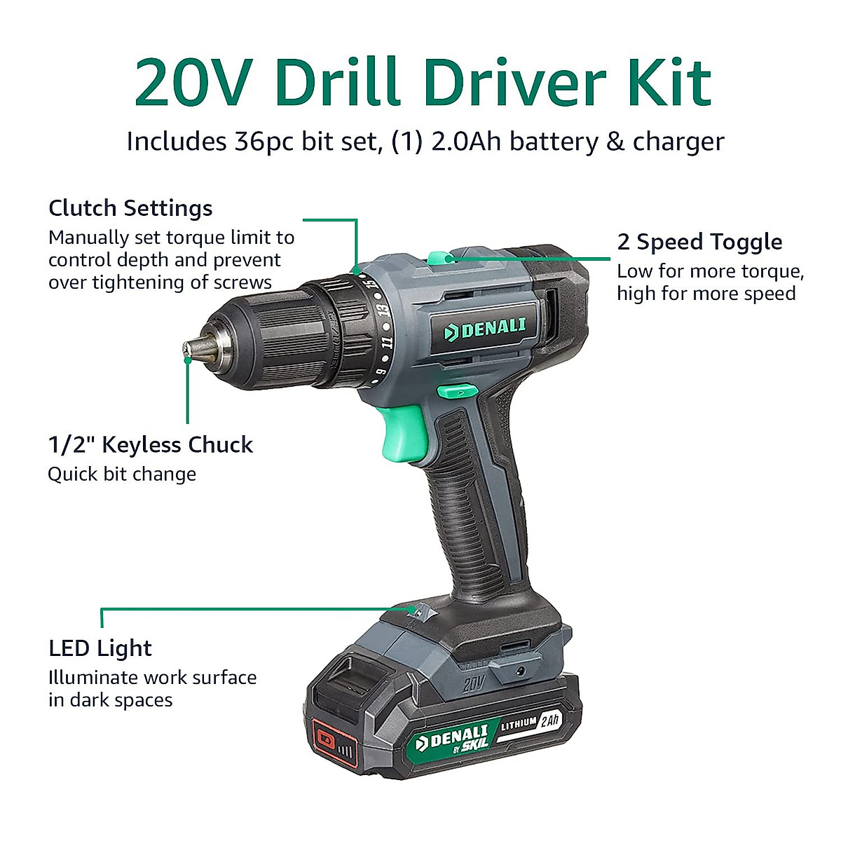 Amazon Brand - Denali by SKIL 20V Drill Driver Kit with 36 Piece Bit Set, Includes 2.0Ah Lithium Battery, 1A Compact Charger and Carry Bag, Blue