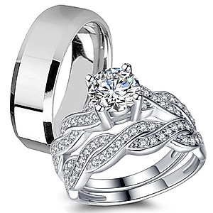 MABELLA His Hers 3 pcs Men's Stainless Steel Band & Women Infinity 925 Sterling Silver Wedding Engagement Ring Set Women's Size 8 Men's Size 10