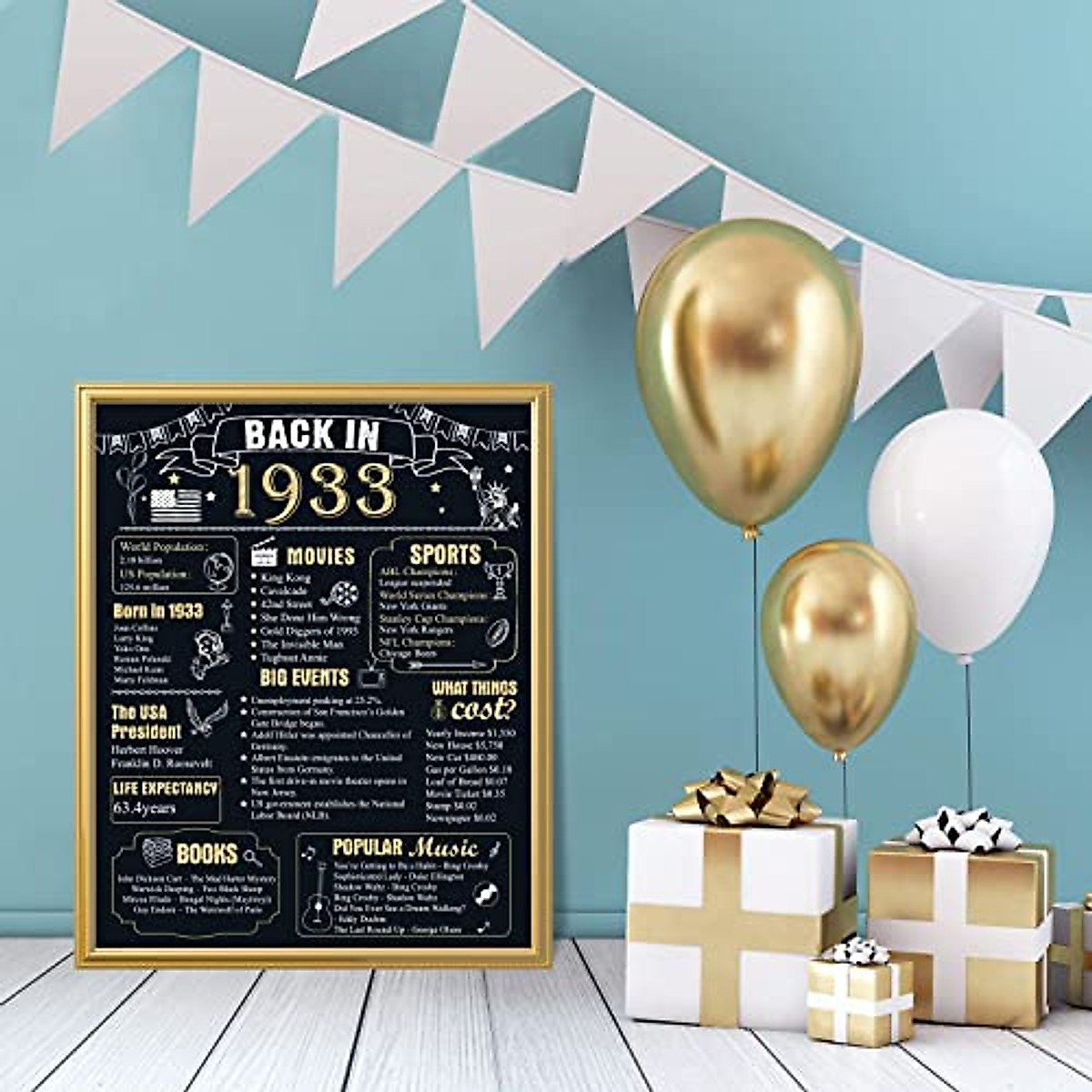 90th Birthday Decorations for Men Women 90th Birthday Gift for Him Back in 1933 Poster Decor Black and Gold 11 x 14 inch 90 Years Ago Decor(Back in 1933)