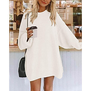 BTFBM 2025 Womens Sweaters Casual Crewneck Long Sleeve Oversized Sweater Dress Fall Winter Loose Slouchy Soft Pullover(Solid White, X-Large)