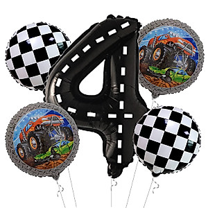 Monster Truck 4th Birthday Party Supplies | Monster Truck Balloon | Giant 40 inch Race Car Number 4 Balloon Monster Truck Balloons Black White Flags Balloons for 4th Birthday Party Decorations