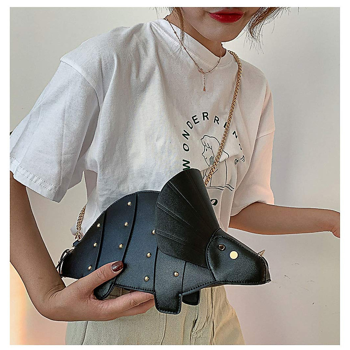 MILATA Dinosaur Shape Crossbody Shoulder Bag Women Pu Leather Rivet Chic Clutch Purse for Girls (black)