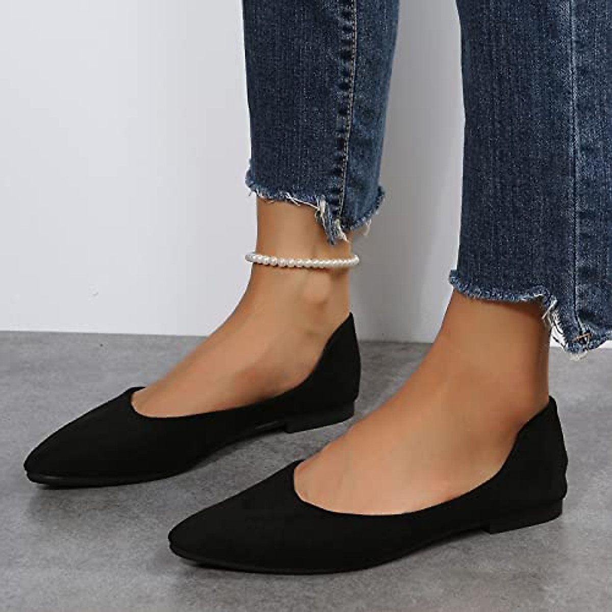 Ladies Fashion Solid Color Suede Pointed Shallow Comfortable Flat Casual Shoes Shoes Size 6 Women Sandals (Black, 8.5)