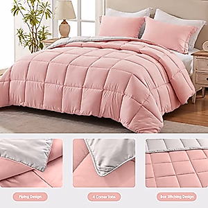 Homelike Moment Comforter Set, Queen Size Pink and Grey Bed Comforters, All Season Lightweight Full Bedding, Reversible Duvet Insert 3 Pieces - 1 Comforter 2 Pillow Shams, Summer Blanket