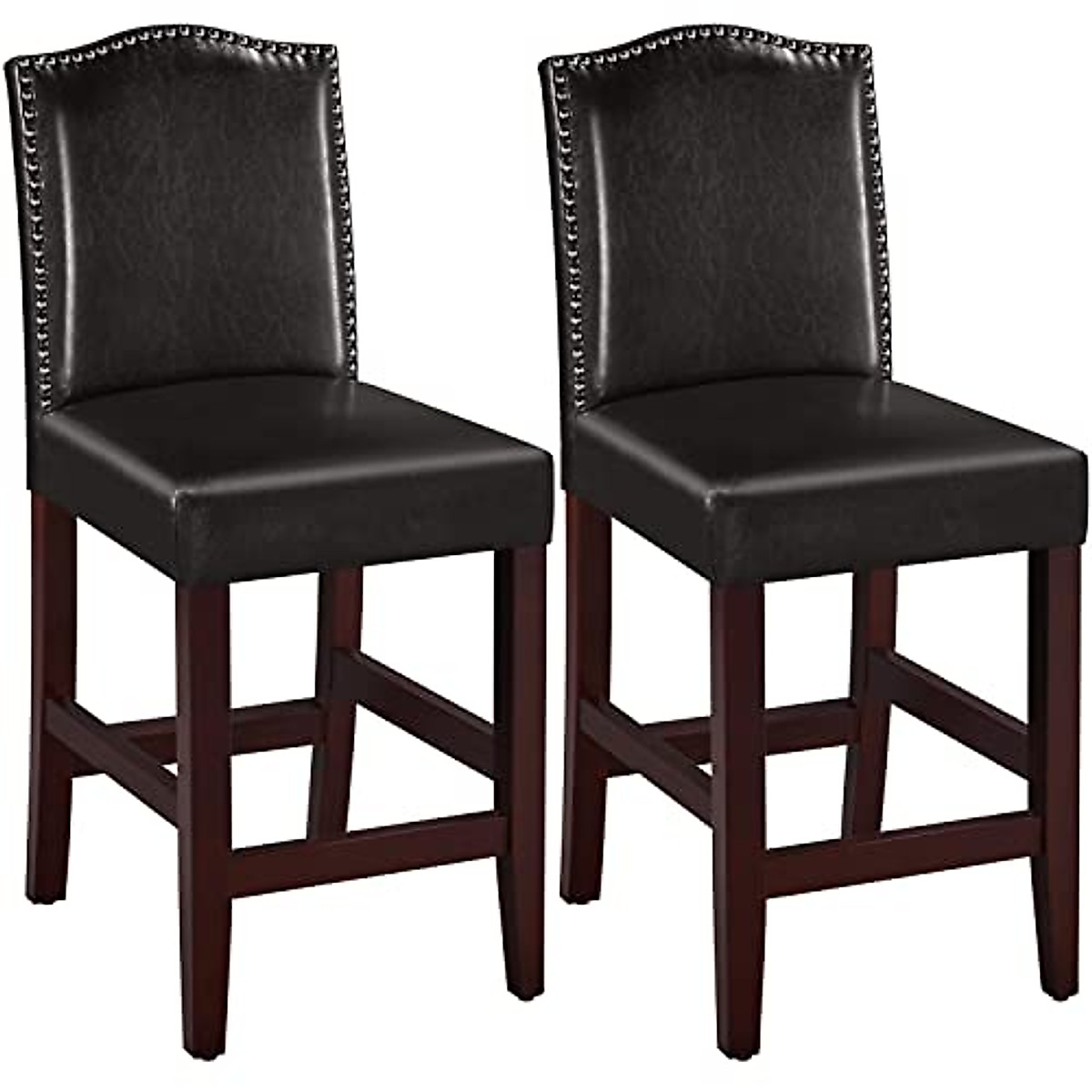 Yaheetech Bar Stools Kitchen Counter Height Stools 25 Inch High Back Leather Pub Chairs Wood Wooden Barstools Brown, 2PCS (Package 1)