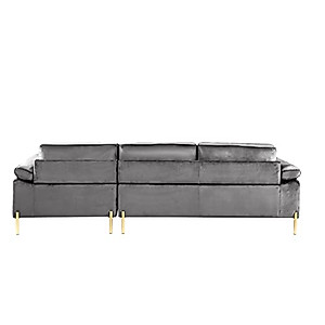 Prohon L-Shaped Sectional Sofa with Velvet Chaise & Gold Metal Legs, Mid-Century Style Modular Couch w/Removable Pillow Arms and Back for Living Room, Bedroom, Office, Gray