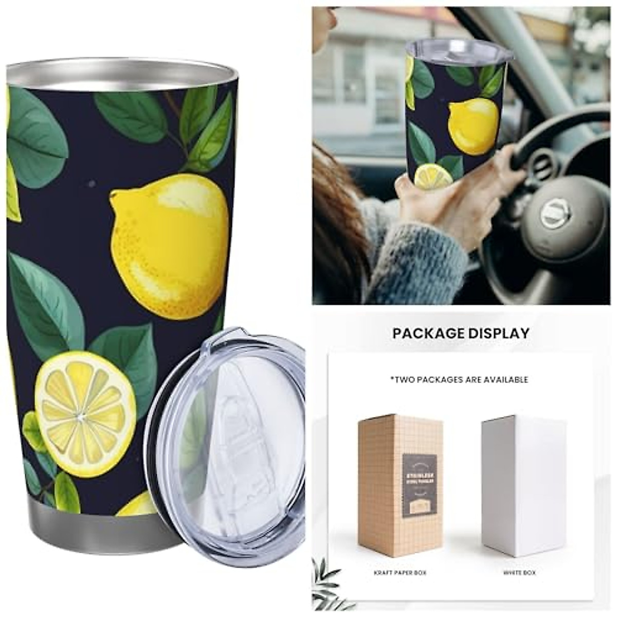 Lemon fruit Tumbler with Lid and Straw 20oz Stainless Steel Car Cup for Hot and Cold Drinks, Double Wall Insulated Travel Coffee Mug Reusable Drink Thermos Cup Birthday Gifts