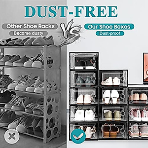 Kuject Black Shoe Organizers Storage Boxes for Closet, 12 Pack Clear Plastic Stackable Sneaker Containers Bins with Lids, Under Bed Shoe Storage for Entryway, Drop Front, Fit up to Women's Size 10