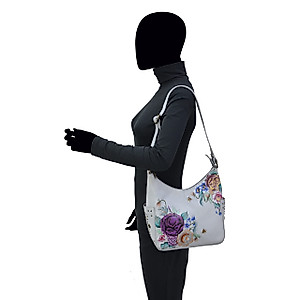 Anuschka Hand Painted Women’s Genuine Leather Classic Hobo With Studded Side Pockets - Floral Charm